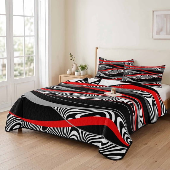 Abstract Red Black Stripe 3 Pieces Quilt Set,1 Quilt with 2 Shams,Zebra ...
