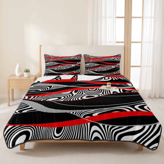 Abstract Red Black Stripe 3 Pieces Quilt Set,1 Quilt with 2 Shams,Zebra ...