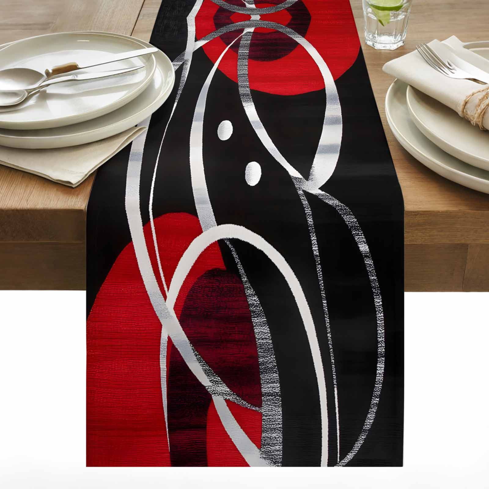 Abstract Red Black Table Runner 13x120 inch Abstract Wave Cotton Linen ...