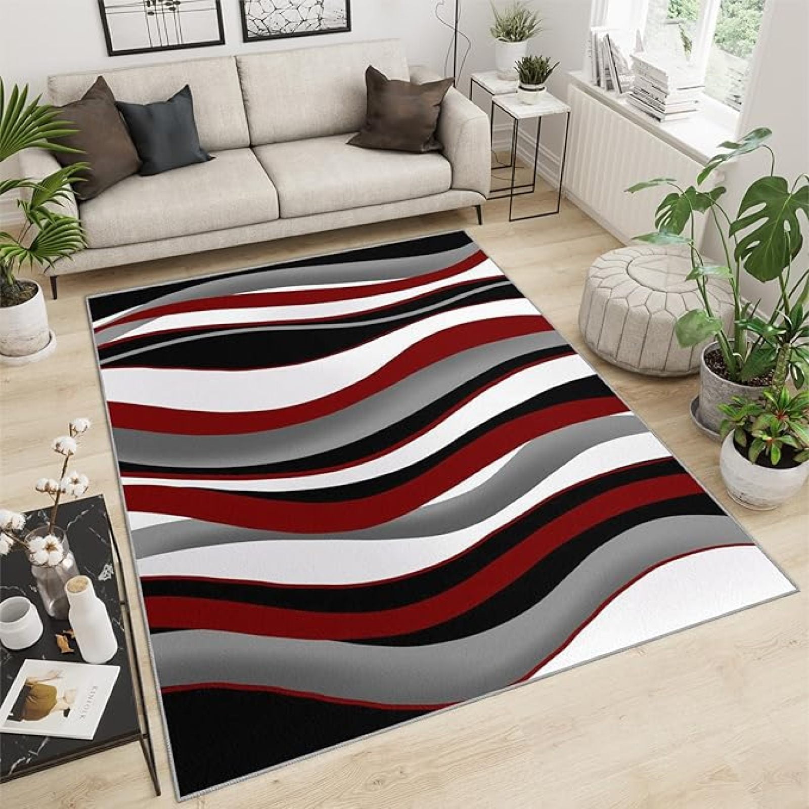 Abstract Red Black Twisted Stripes Area Rug, Modern Gray White ...