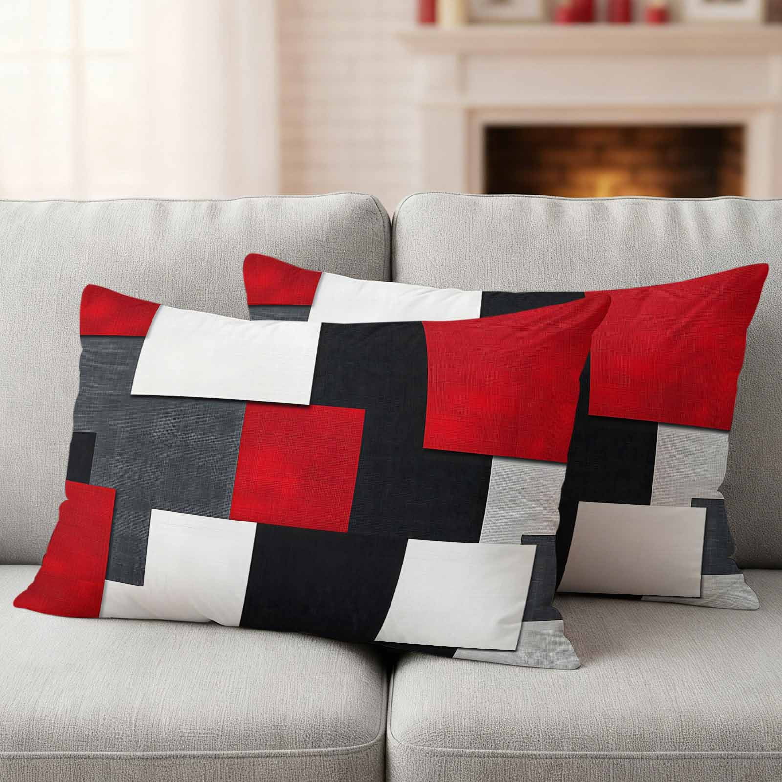 Abstract Red Black White Gray Color Block Waterproof Throw Pillow ...