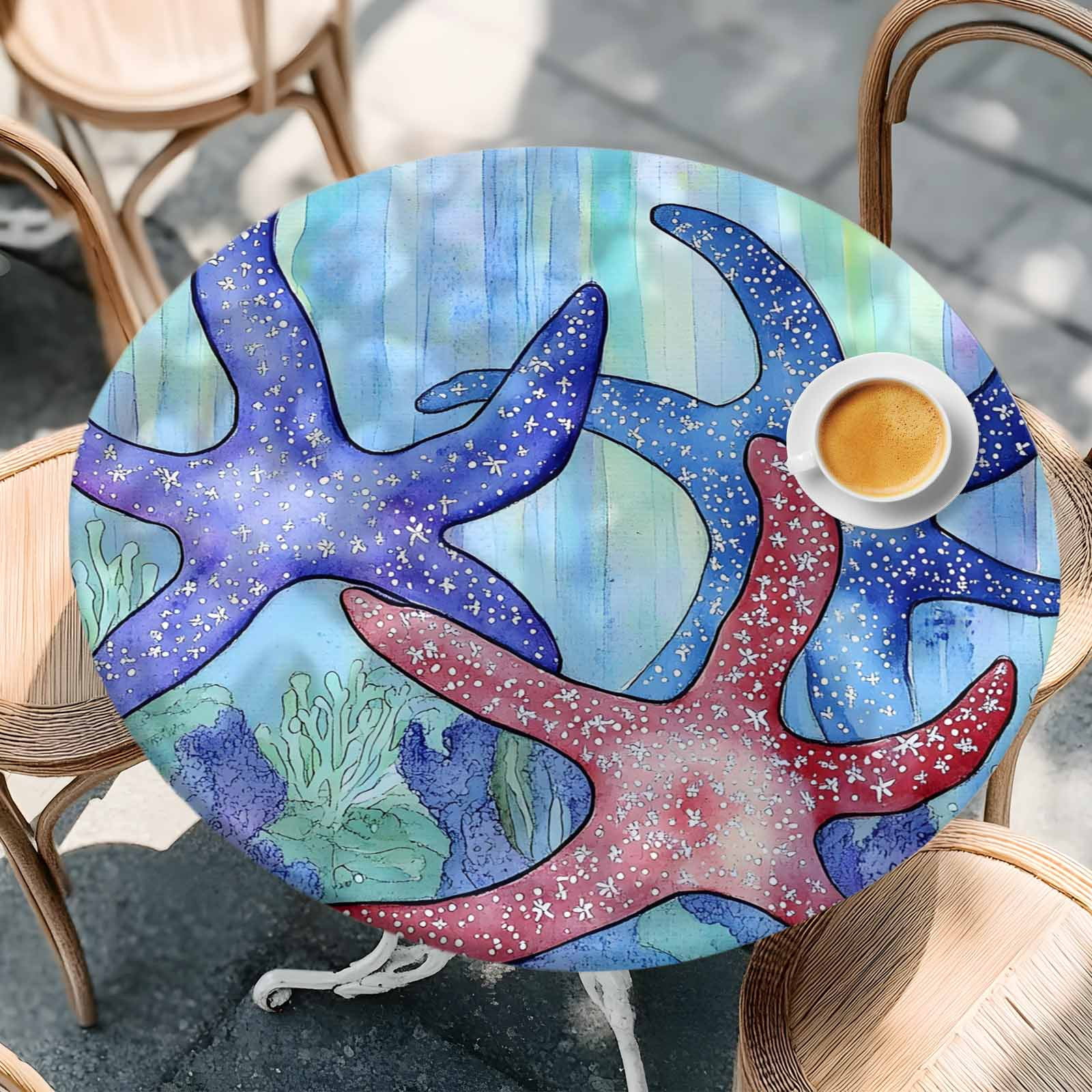Abstract Red Blue Coral Reef Starfish Round Fitted Tablecloth with ...