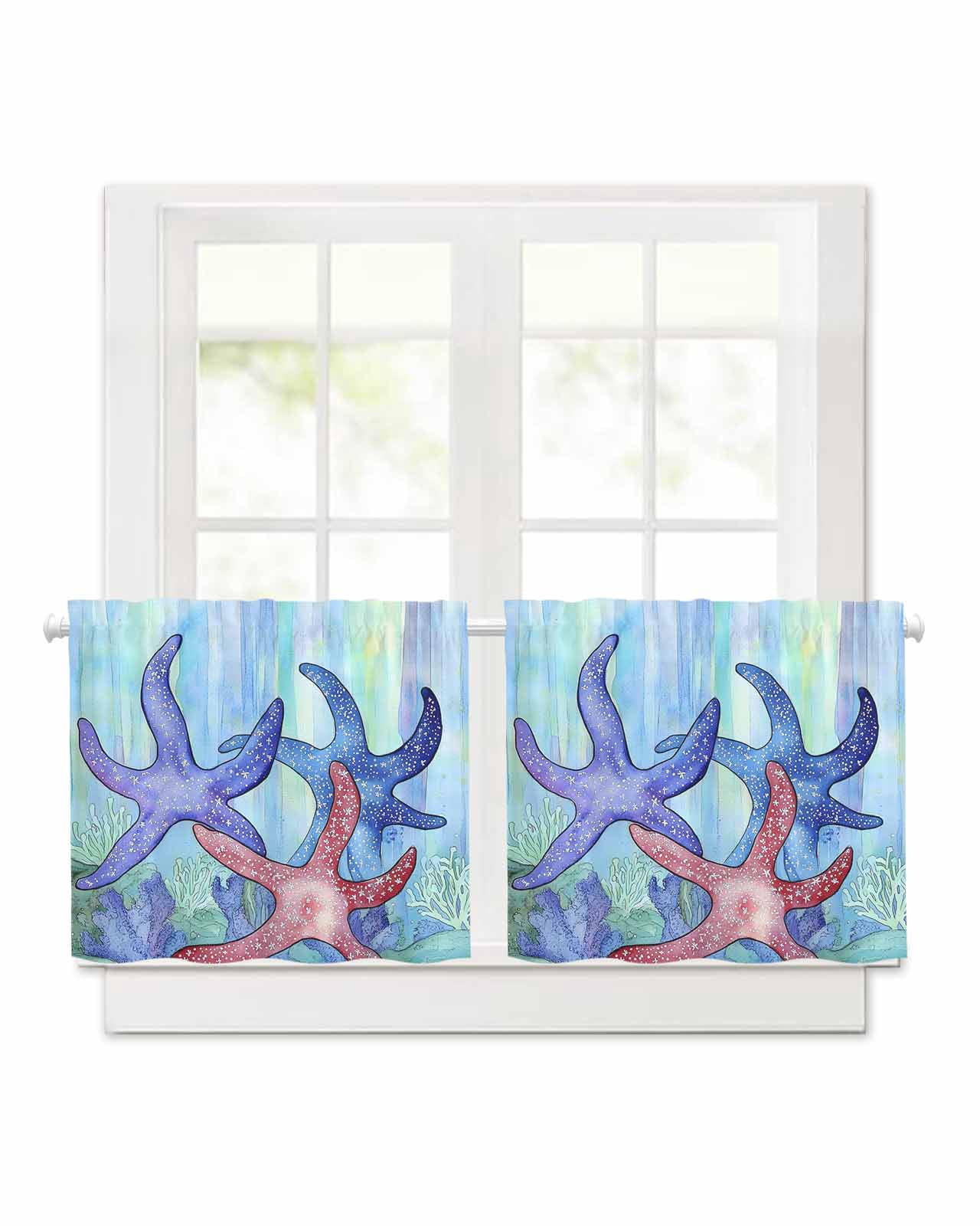 Abstract Red Blue Coral Reef Starfish Short Blackout Curtains 30 Inch ...