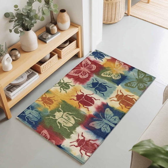 Abstract Red Blue Green Butterflies Insects Rectangle Rug 2'x3' Vintage ...