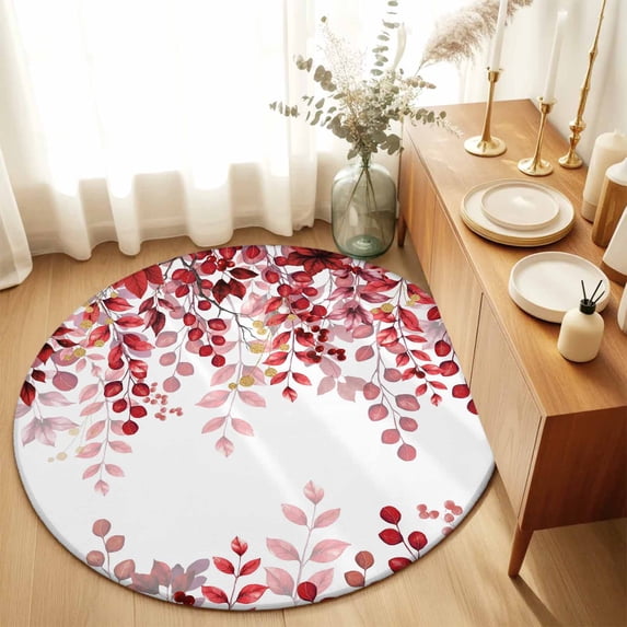 Abstract Red Branch Leaves Round Rug 3ft Farm Botanical Leaf on White ...