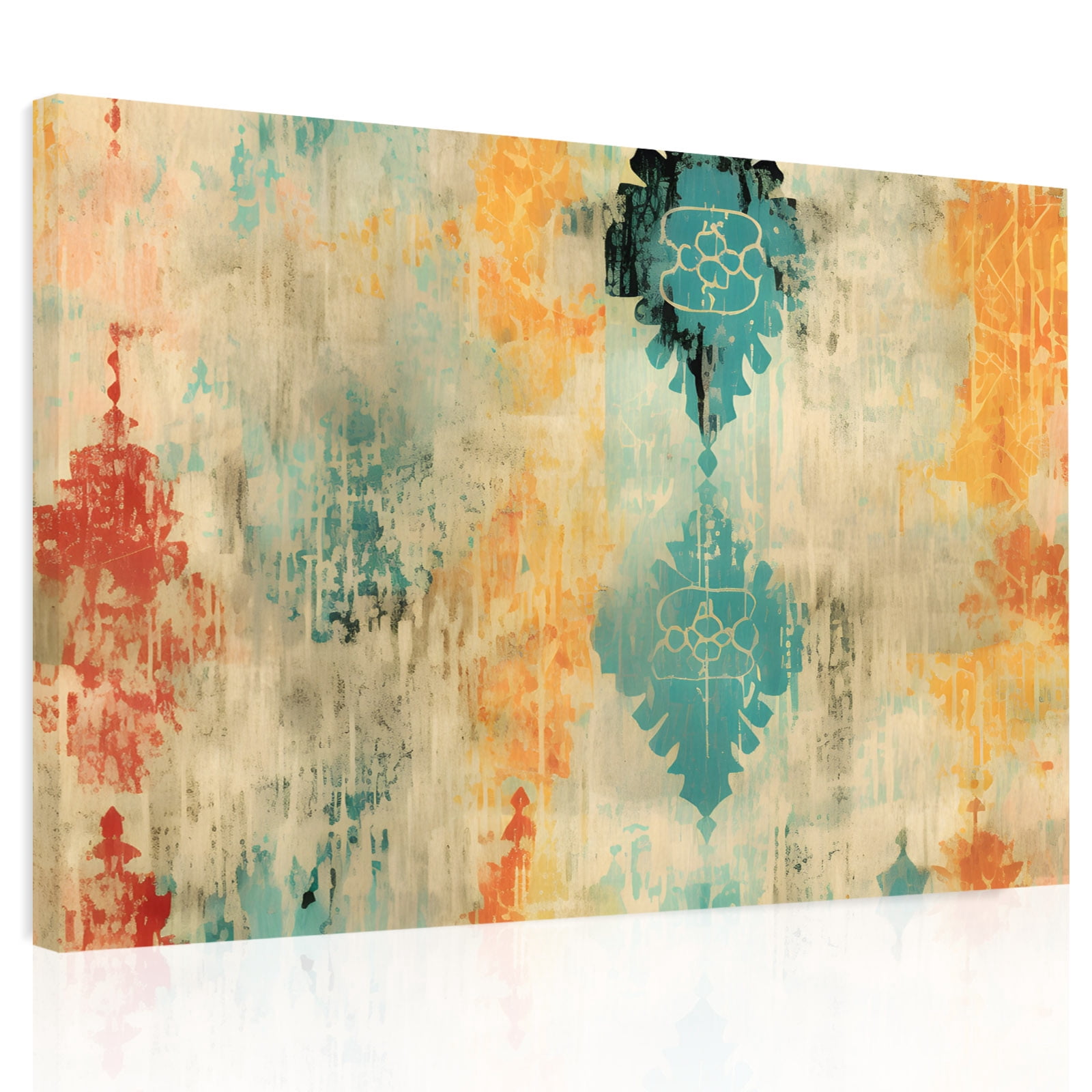 Abstract Red Canvas Print Wall Art, Yellow Green Argyle Geometric Retro ...