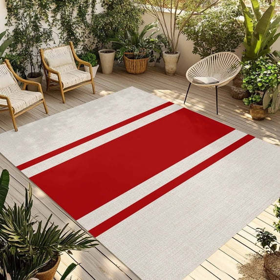Abstract Red Color Block Outdoor Rug, Vintage Lines Linen Texture Non ...