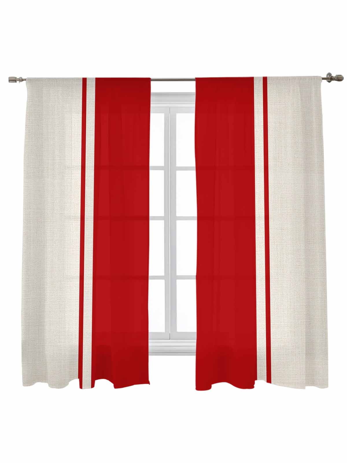 Abstract Red Color Block Sheer Curtains 2 Panels Set Vintage Lines Linen Texture Lihgt Filtering ...
