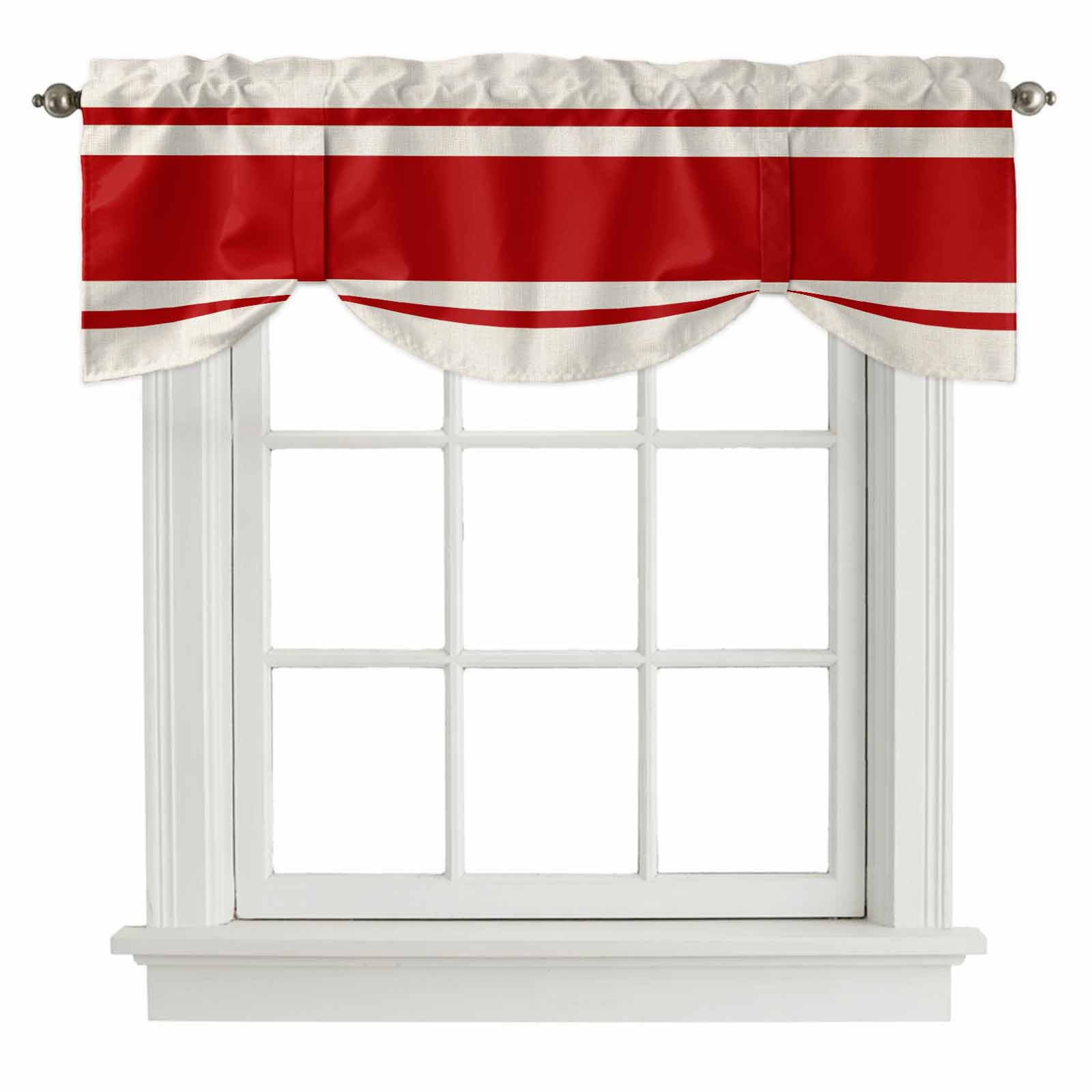 Abstract Red Color Block Tie Up Valance Curtains Vintage Lines Linen ...
