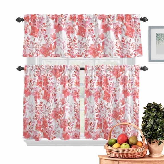 Abstract Red Floral Kitchen Curtains Valances 3 Piece Set, Watercolor ...