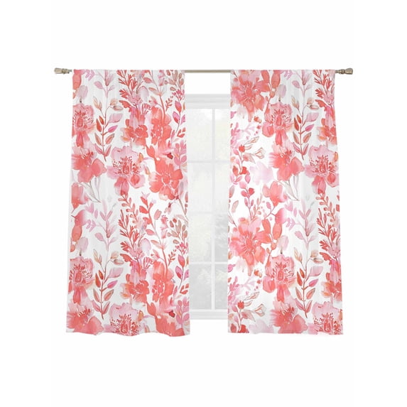 Abstract Red Floral Sheer Curtains 2 Panels Set Watercolor Plants ...