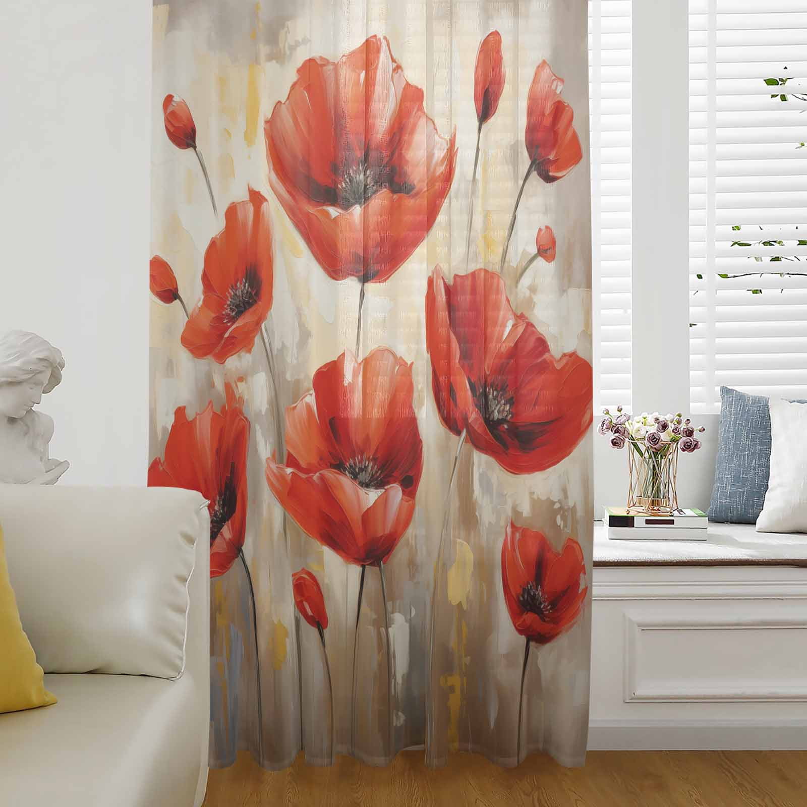 Abstract Red Flower Window Curtain 63 Inches Long, Painting Art Spring ...