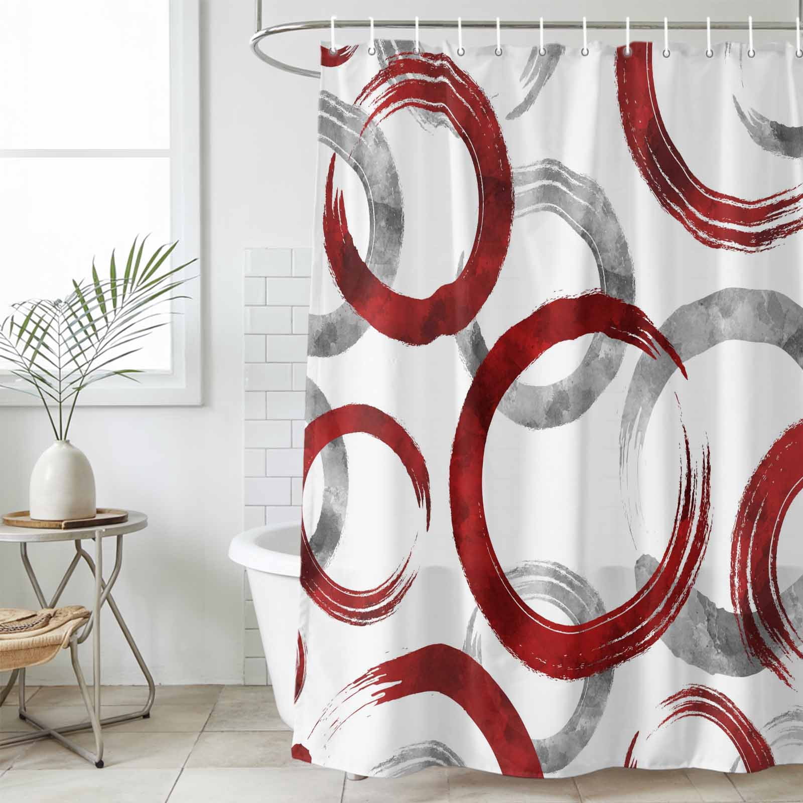Abstract Red Gray Circle Shower Curtain Set, Waterproof Shower Curtains ...