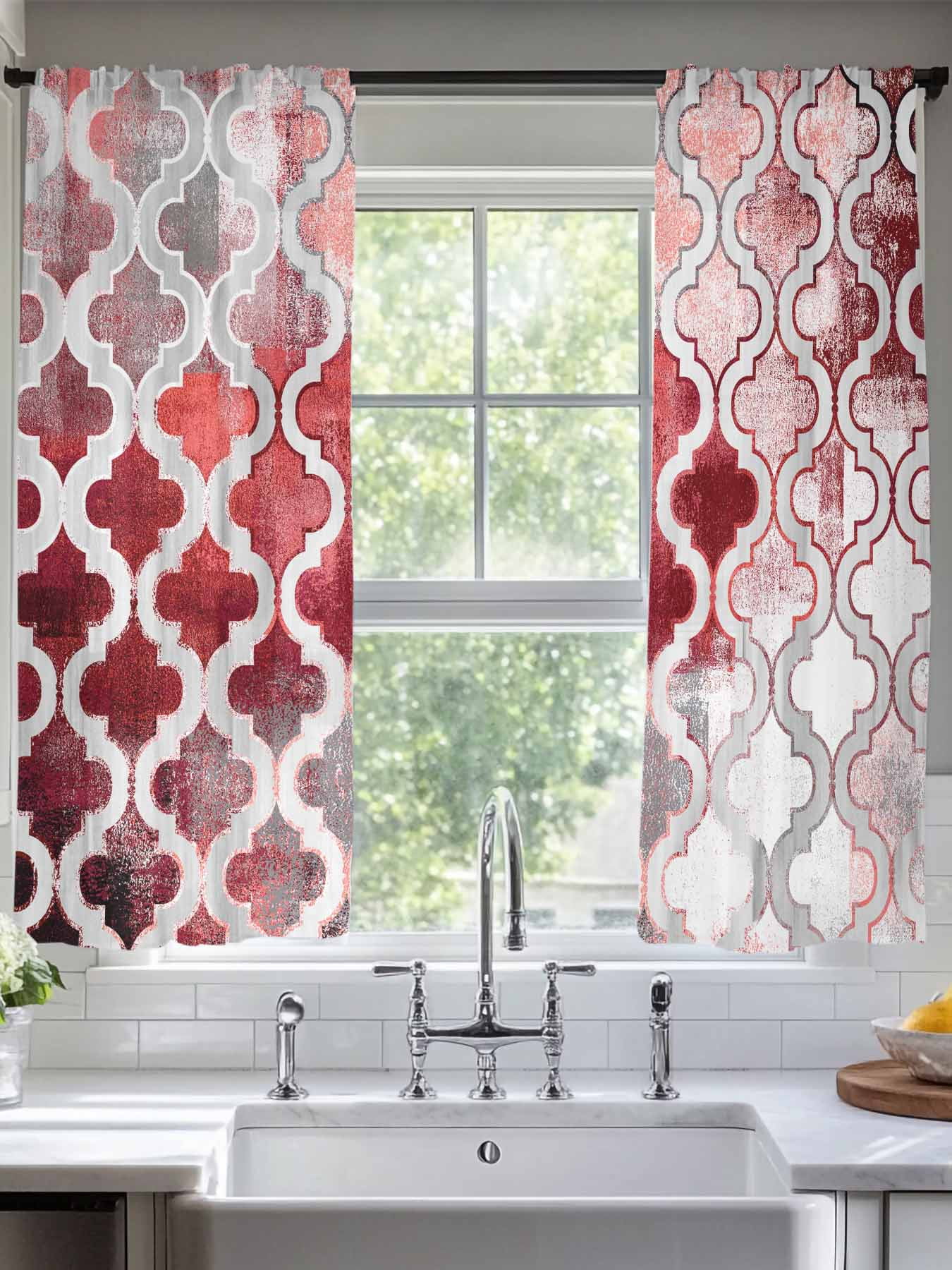 Abstract Red Gray Geometric Art Chiffon Sheer Curtains 72 Inches Long ...