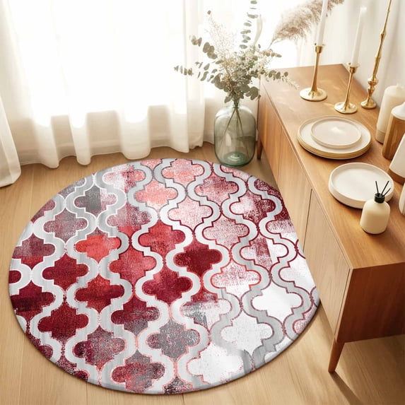 Abstract Red Gray Geometric Art Round Area Rug 3ft,Living Room Rug Non ...