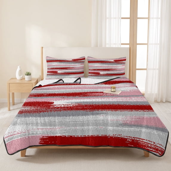 Abstract Red Gray Stripes 3 Pieces Quilt Set,1 Quilt with 2 Shams ...