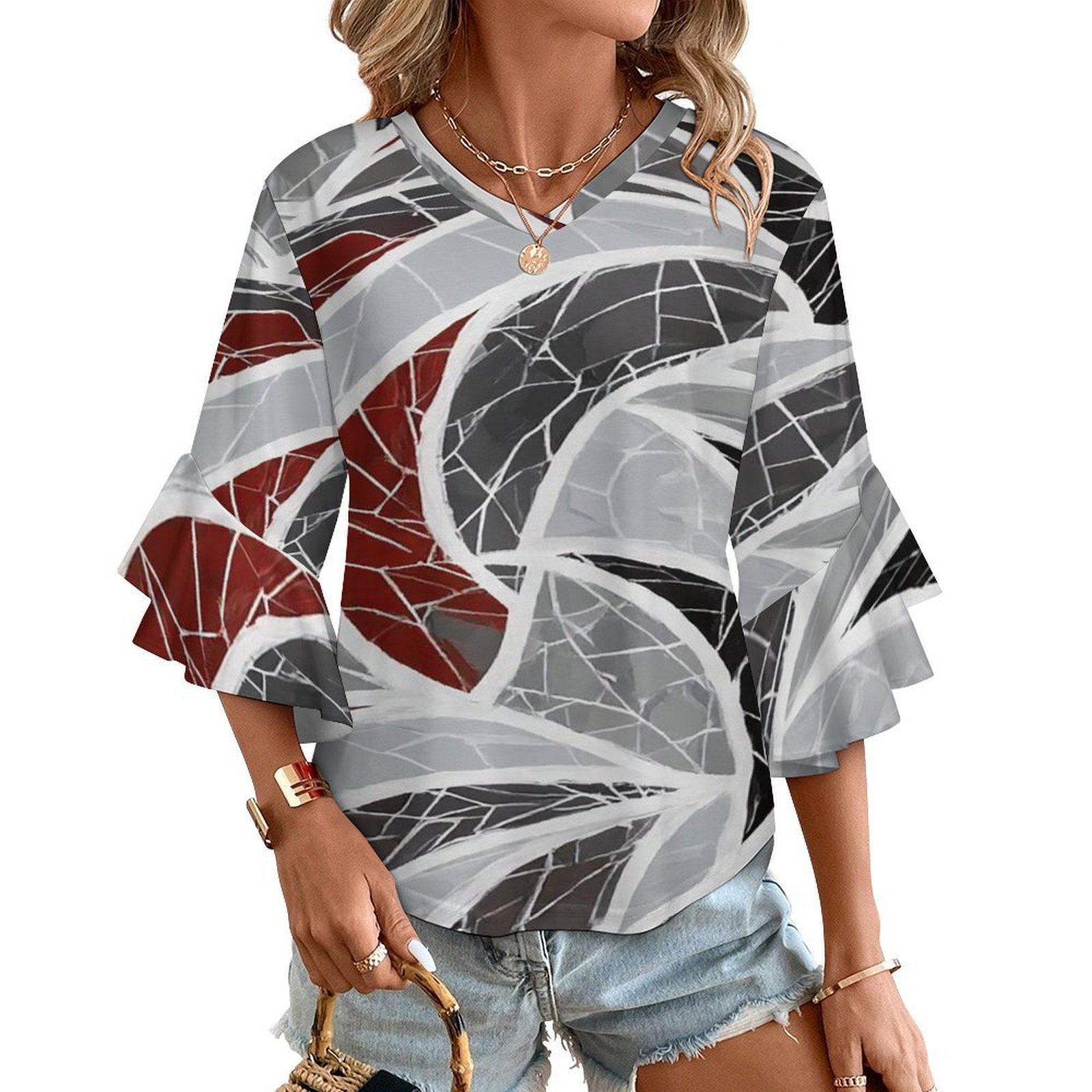 Abstract Red Grey Mosaic Art Women's V-Neck Blouse With 3/4 Ruffled ...
