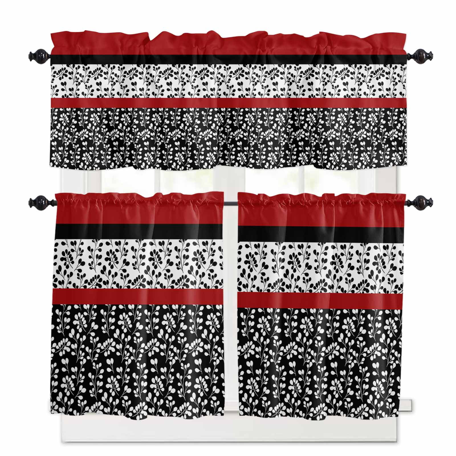 Abstract Red Kitchen Curtains Valance and Tier Set Black Stripes Floral ...