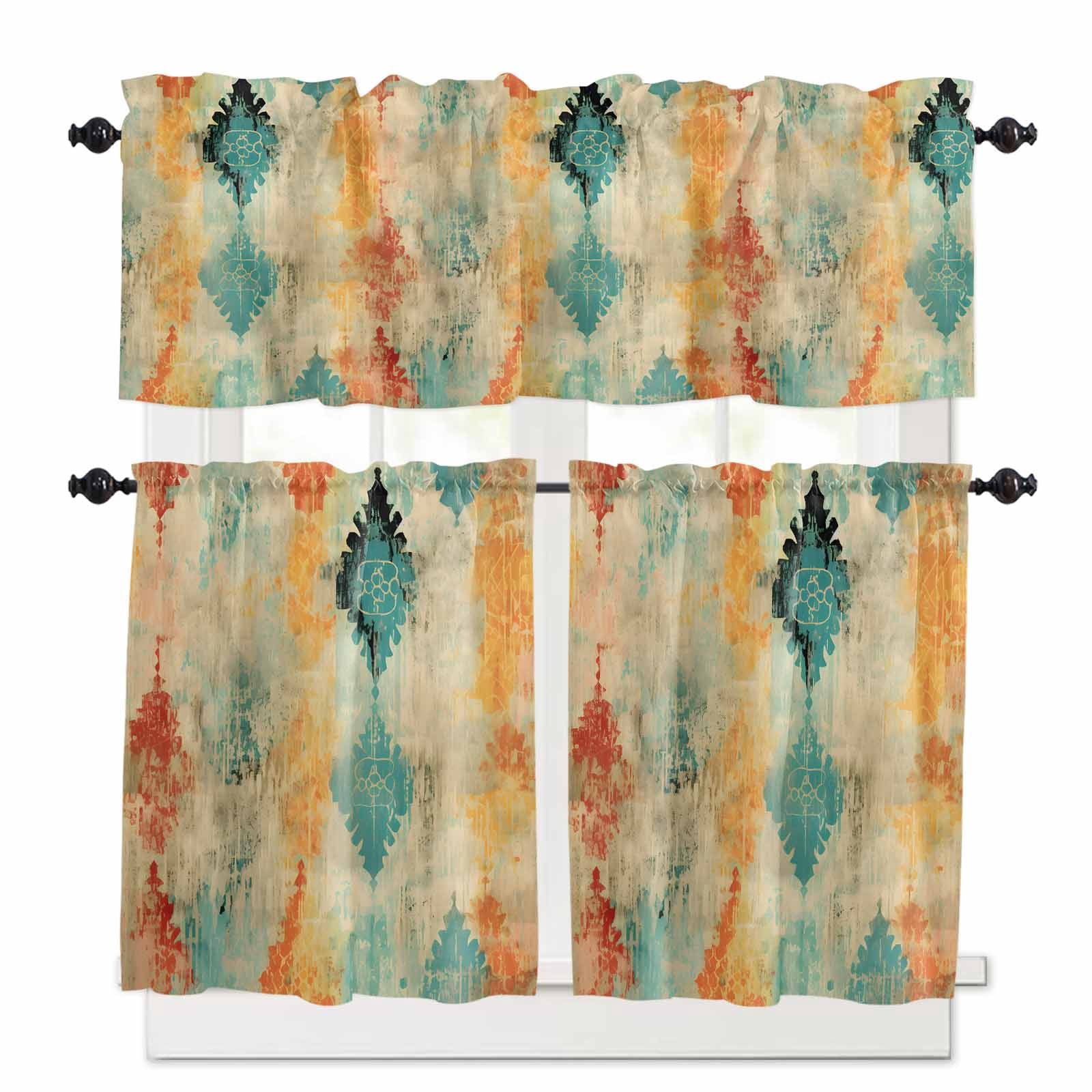 Abstract Red Kitchen Curtains and Valances Set, Yellow Green Argyle ...