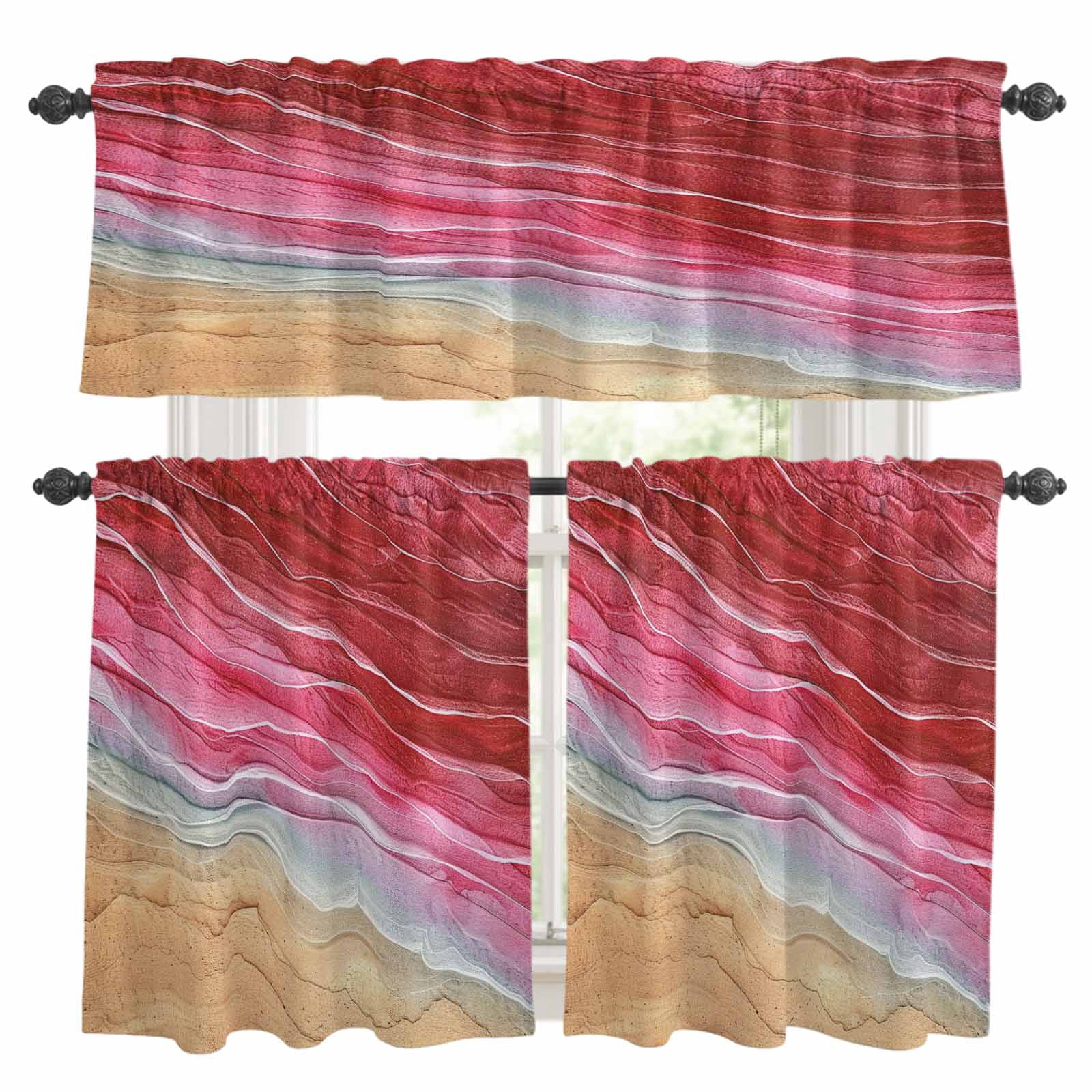 Abstract Red Kitchen Curtains Valances and Tiers Set of 3 Ocean Beach ...