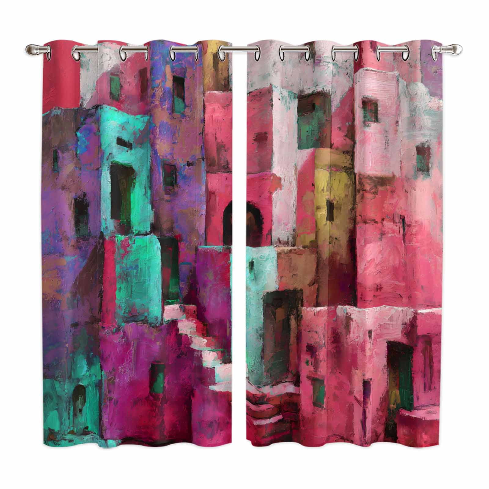 Abstract Red Kitchen Curtains Window Panels, Painting Buildings ...