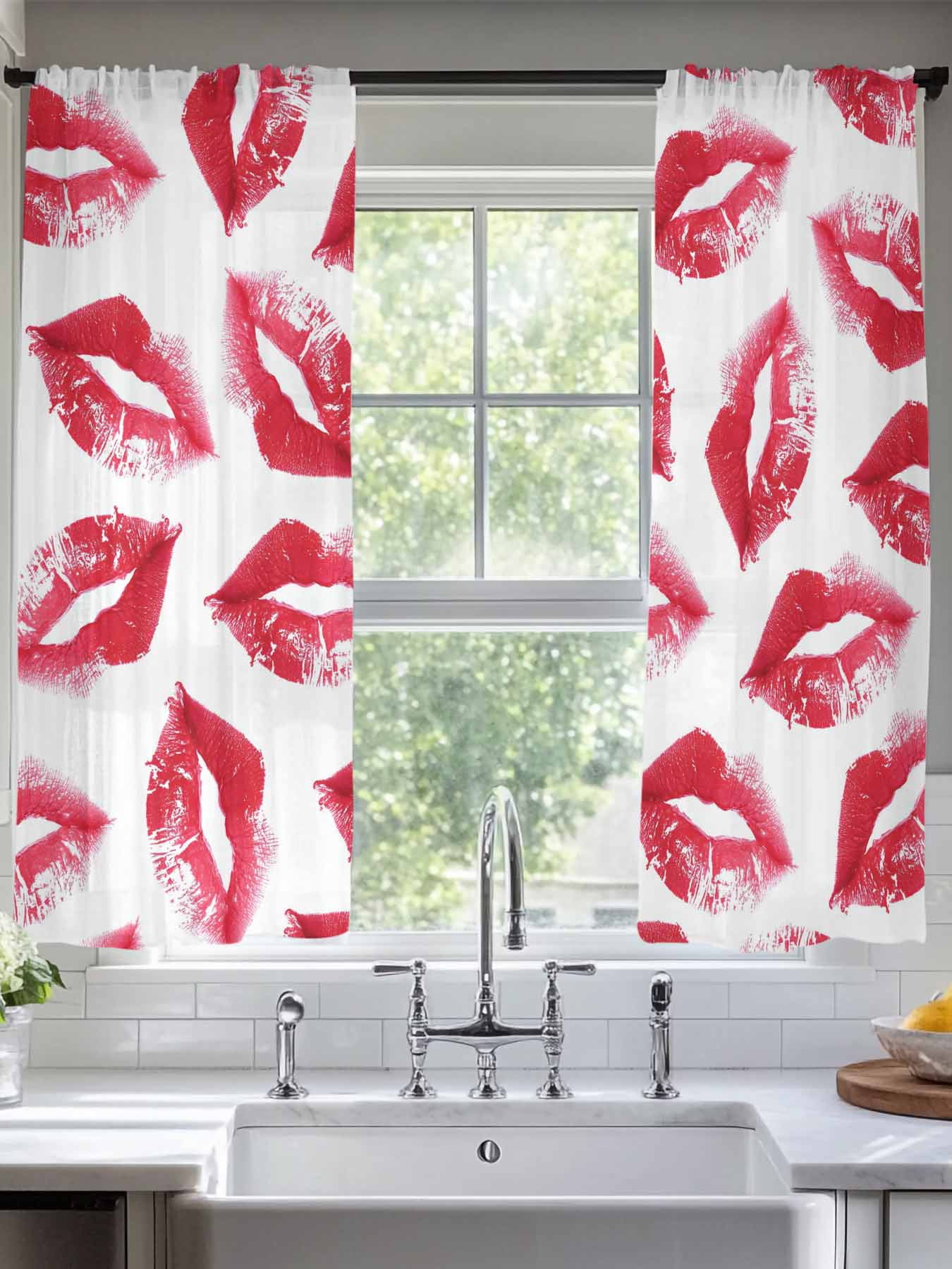 Abstract Red Lips Pattern Chiffon Sheer Curtains 72 Inches Long Retro ...