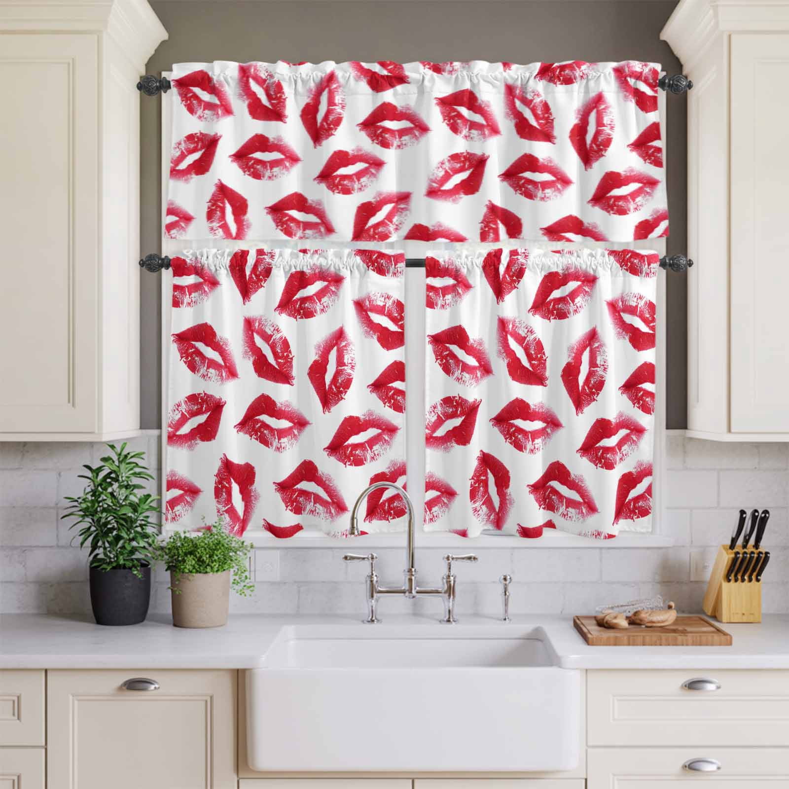 Abstract Red Lips Pattern Curtain Tier and Valance Set 3 Piece,Retro ...