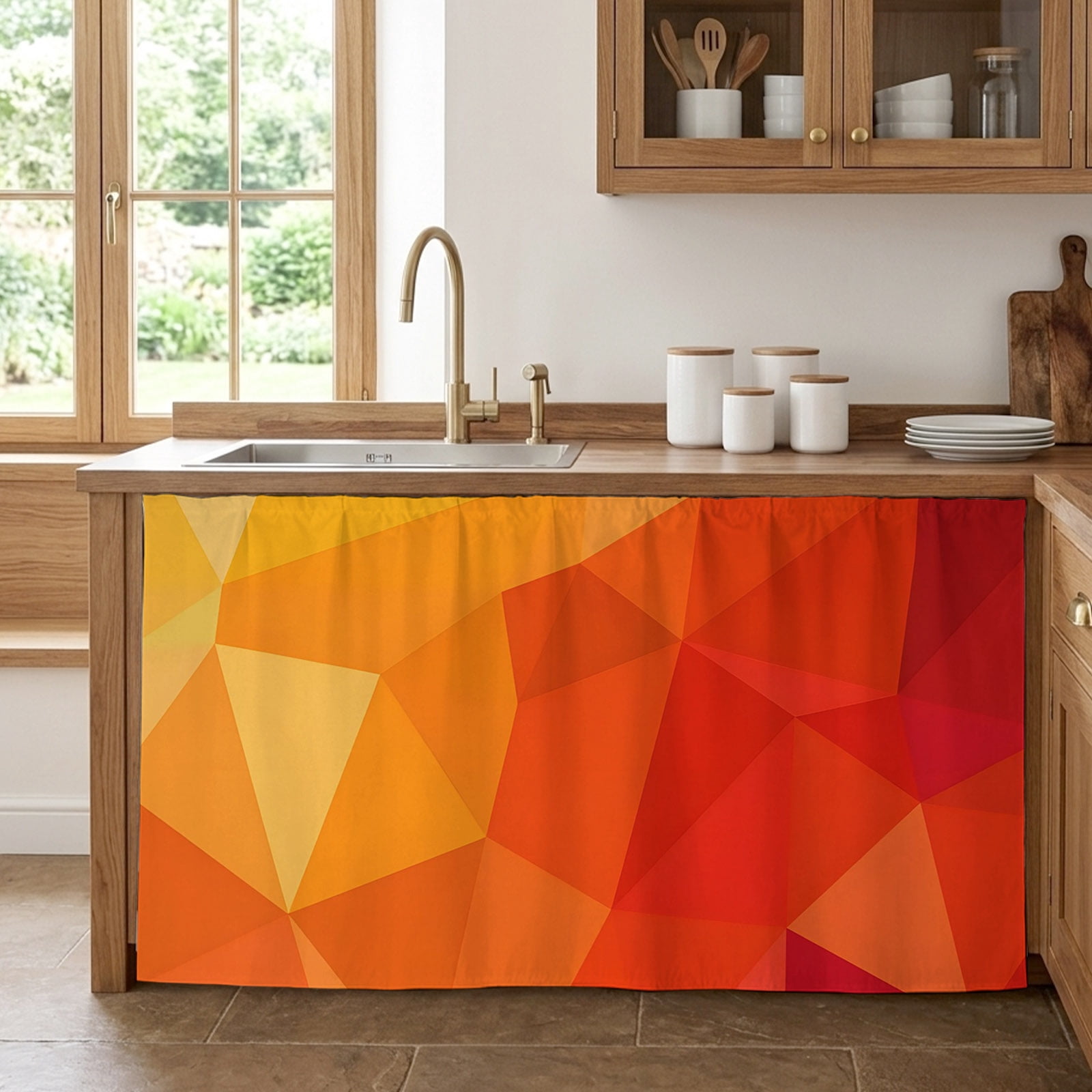 Abstract Red Orange Geometric Cabinet Curtains 28" W x 51" L Modern ...