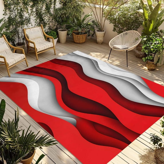 Abstract Red Outdoor Rug, Gray Geometric Gradient Ocean Waves Modern ...
