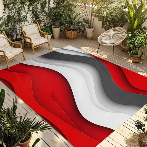 Abstract Red Outdoor Rug, Gray Gradient Ocean Waves Geometric Modern ...
