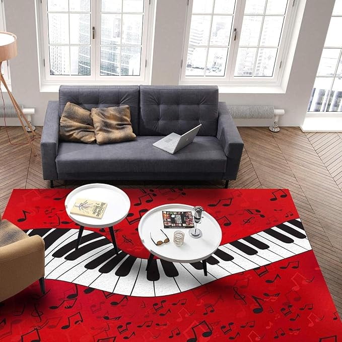 Abstract Red Piano Notes Area Rug, Black And White Piano Keys Washable ...