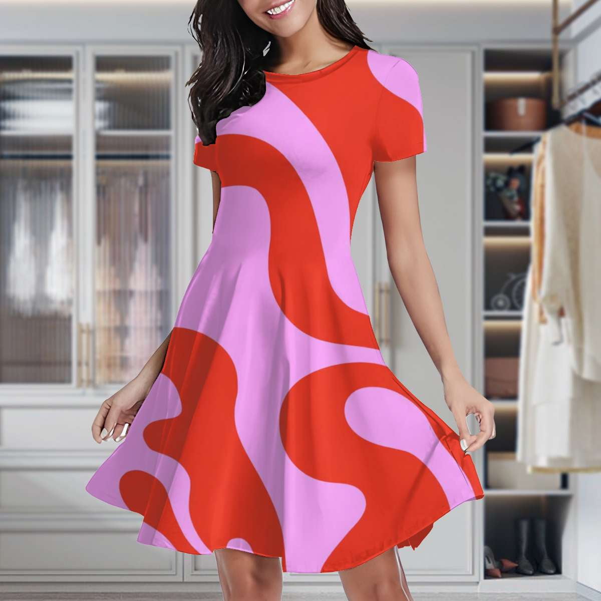 Abstract Red Pink Swirl Pattern Women's Classic Swing Skater Dress ...