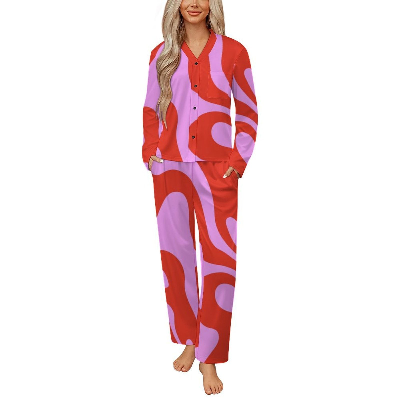 Abstract Red Pink Swirl Pattern Womens Pyjamas Set Button Up Pyjamas ...