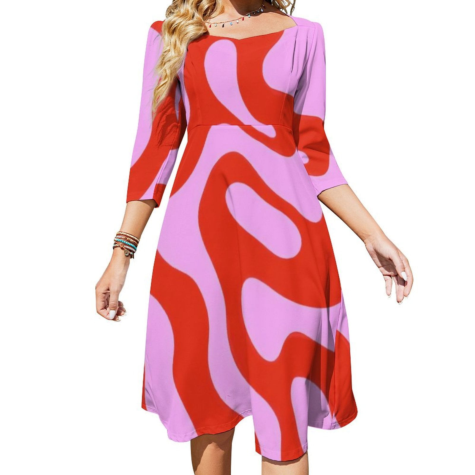 Abstract Red Pink Wavy Pattern Dress Summer Dresses Woman Street Style ...