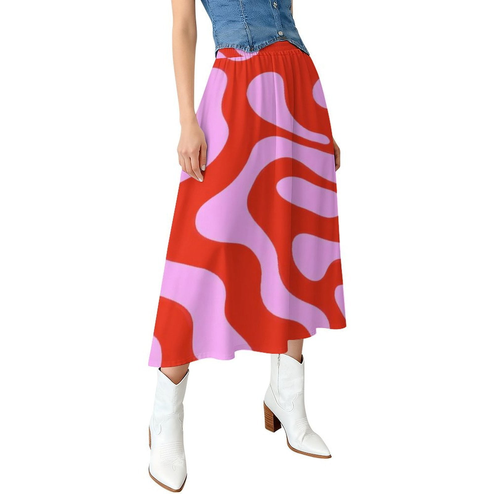 Abstract Red Pink Wavy Pattern Women High Waist Midi Skirt Elegant Midi ...