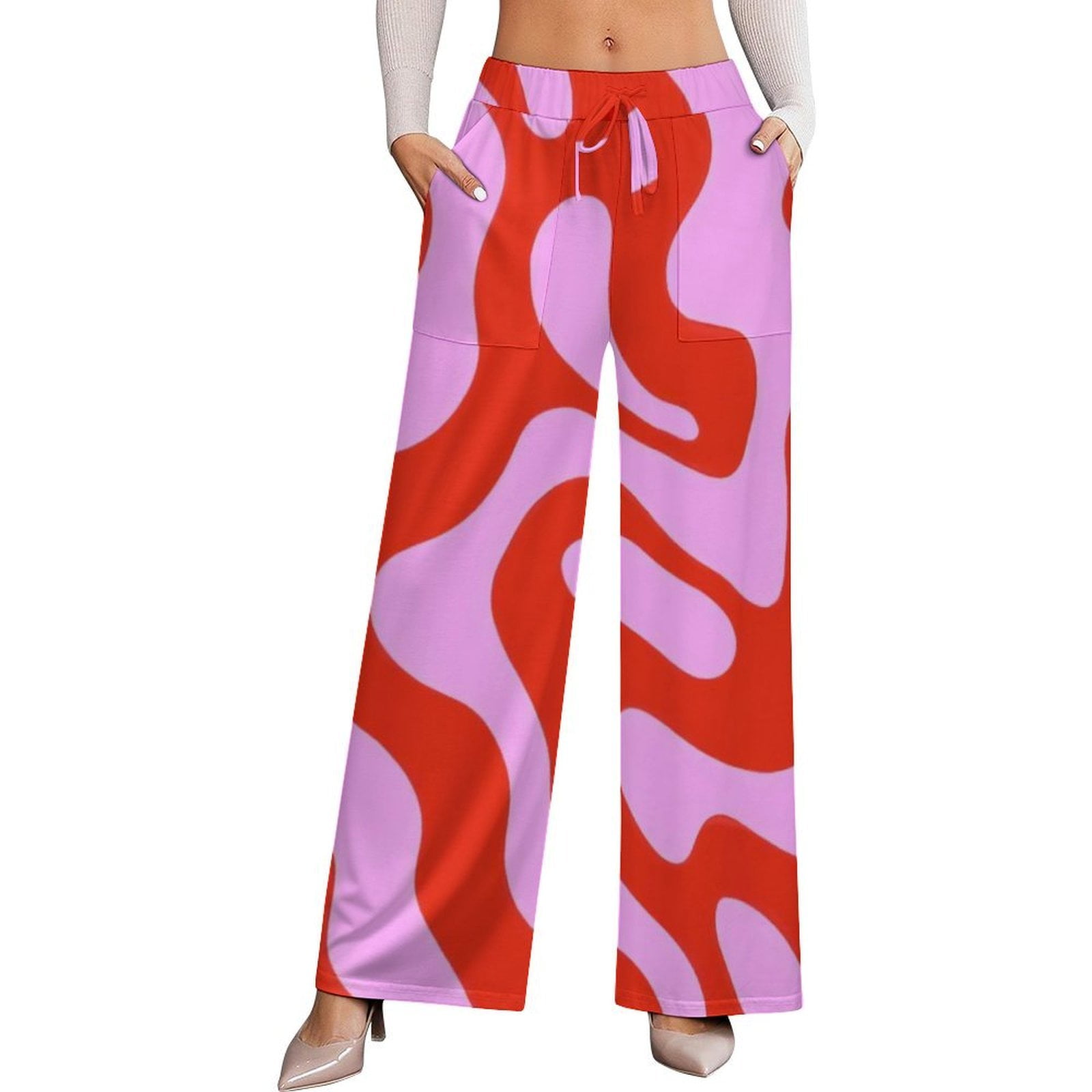 Abstract Red Pink Wavy Pattern Women's Casual Wide Leg Pants Comfort ...