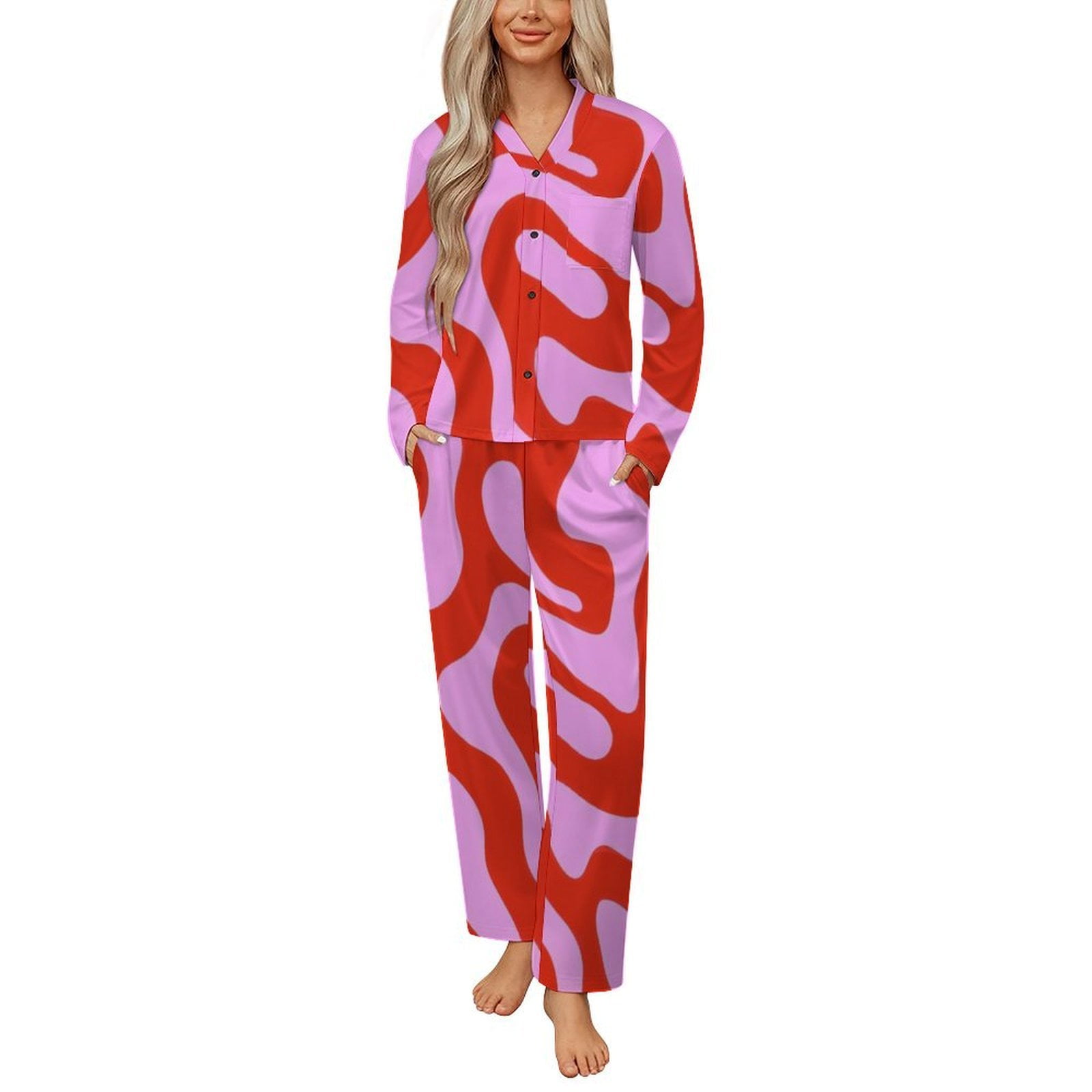 Abstract Red Pink Wavy Pattern Womens Pyjamas Set Button Up Pyjamas ...
