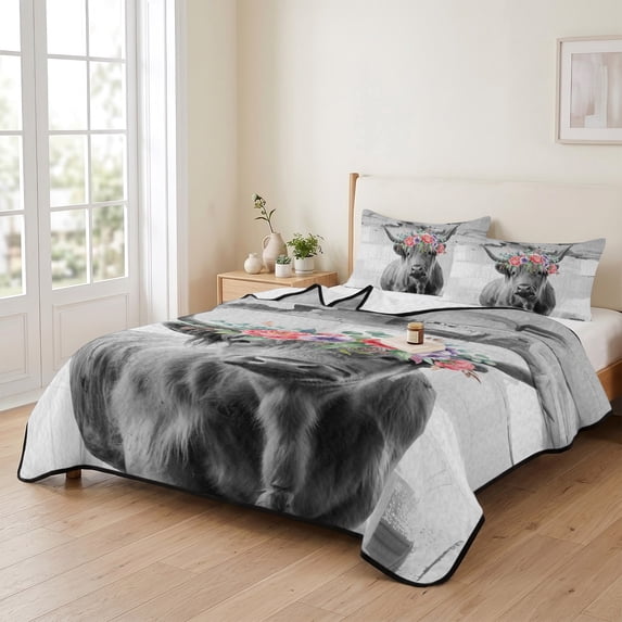 Abstract Red Purple Flowers Cow 3 Pieces Quilt Set,1 Quilt with 2 Shams ...