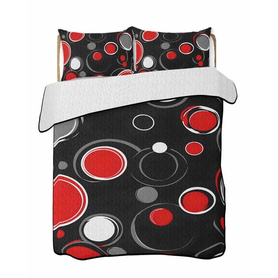 Abstract Red Quilts Bedding Set King Size Black Grey Circle Modern ...