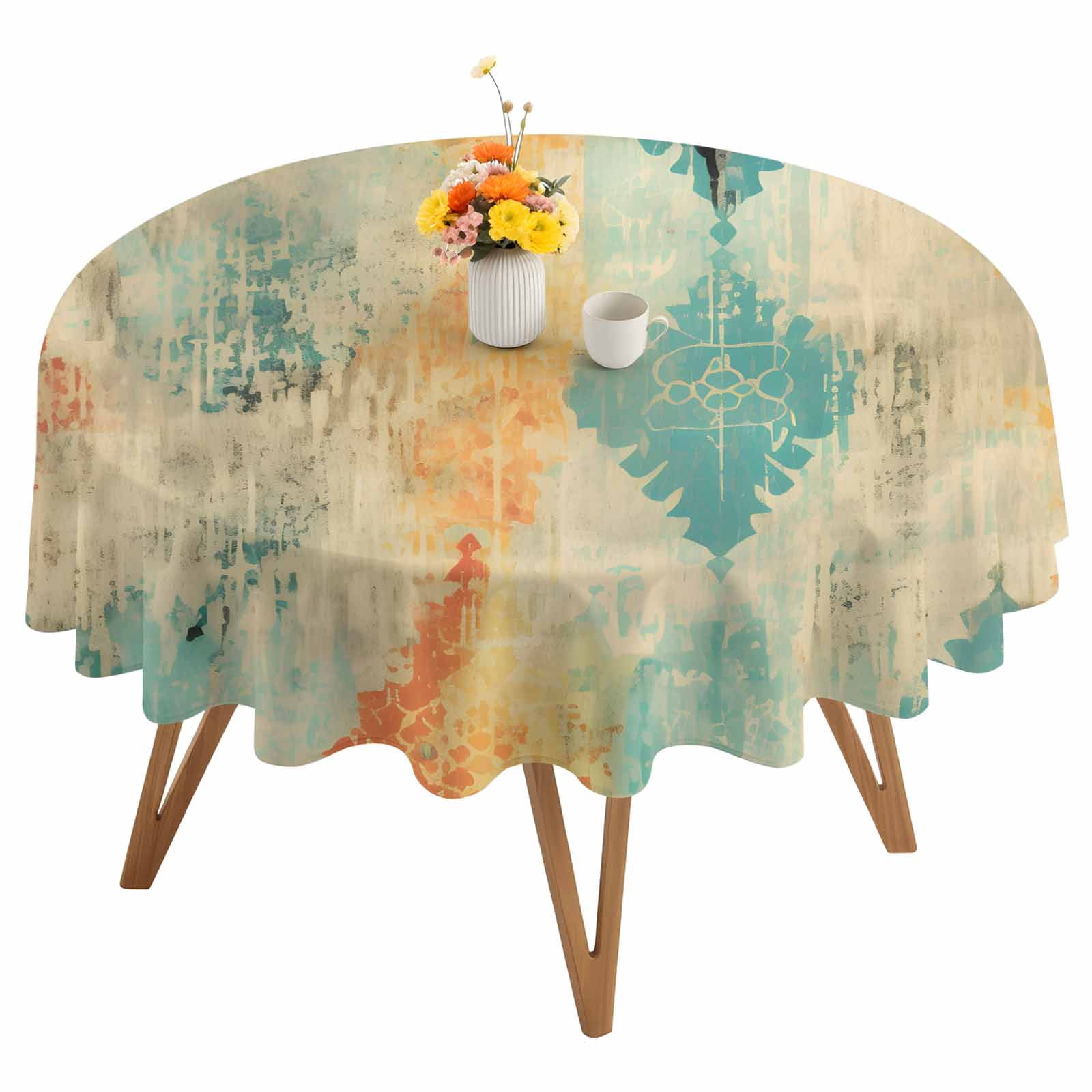 Abstract Red Round Tablecloth 60 inches Yellow Green Argyle Geometric ...