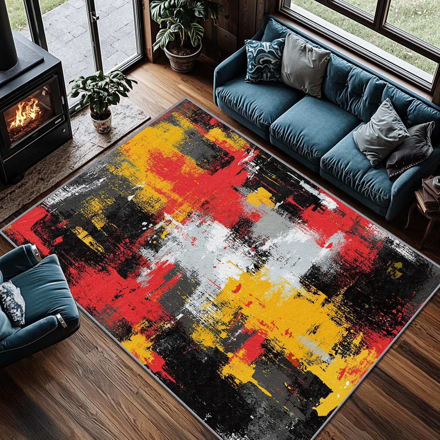 Abstract Red Rug Yellow Graffiti Distressed Area Rugs for Living Room ...