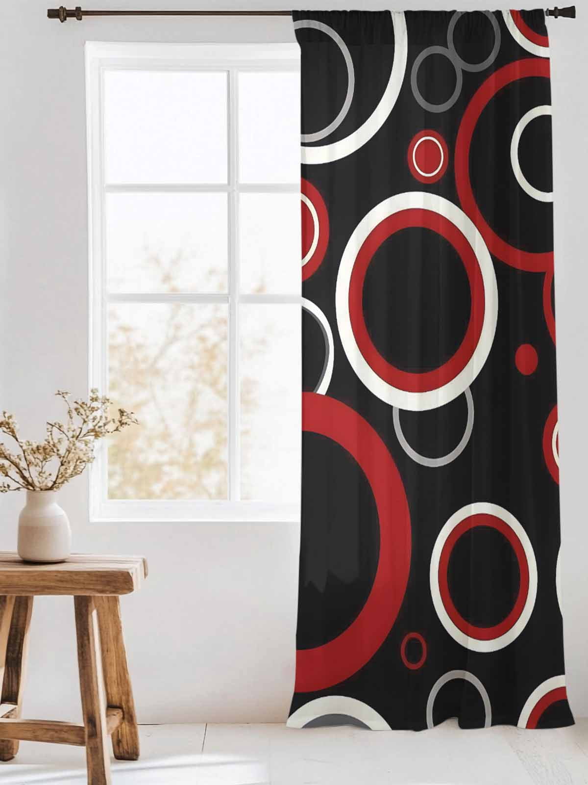 Abstract Red Sheer Curtains 108 Inch Long 1 Panel Black Circle Modern ...