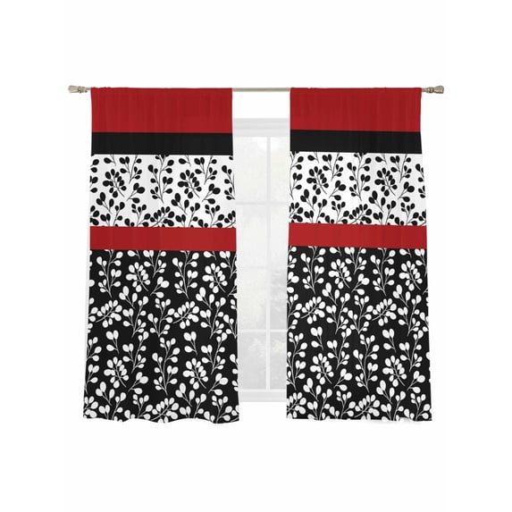Abstract Red Sheer Curtains 2 Panels Set Black Stripes Floral Plant ...