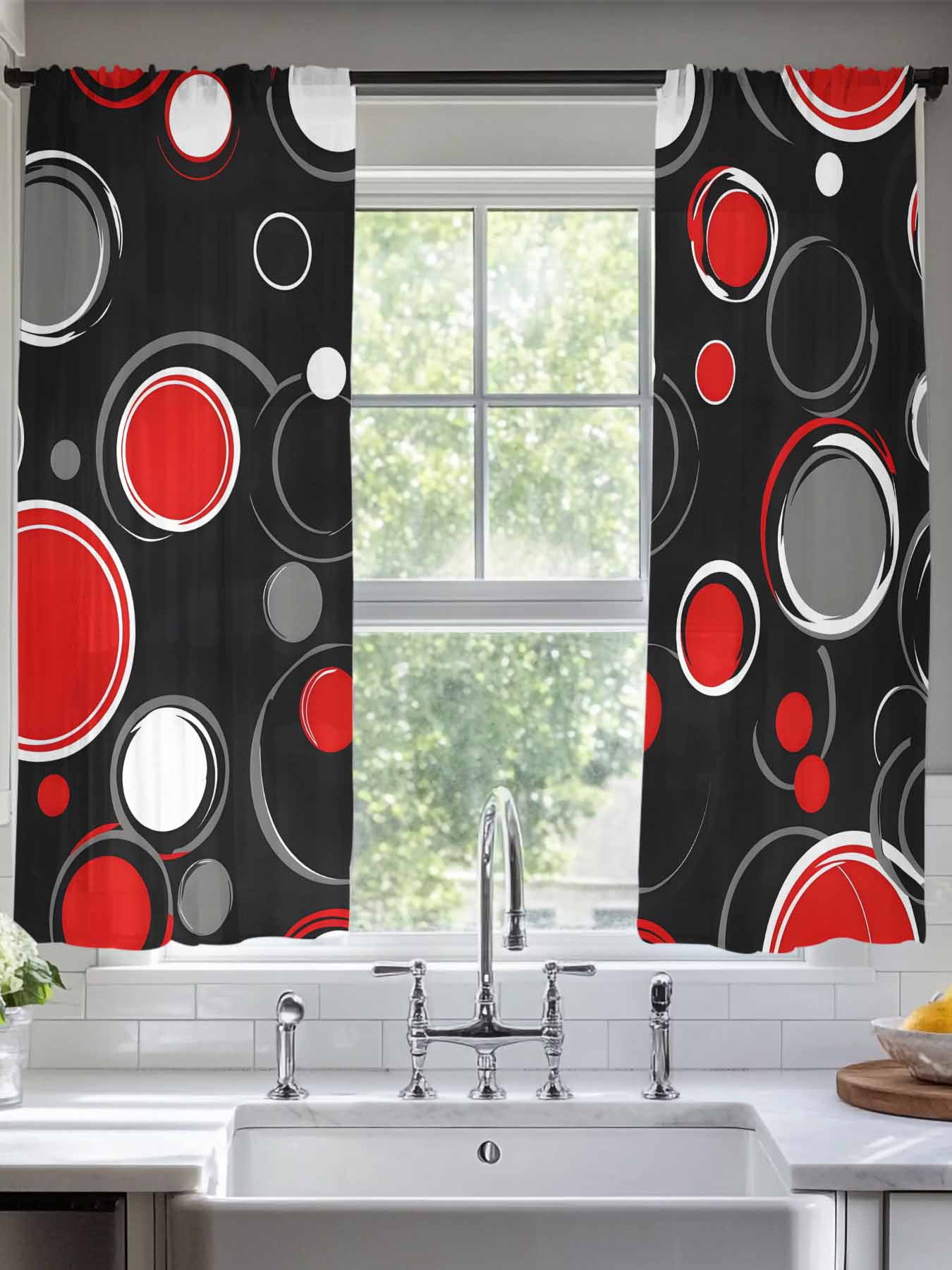Abstract Red Sheer Curtains 63 Inches Long 2 Panels Black Grey Circle ...