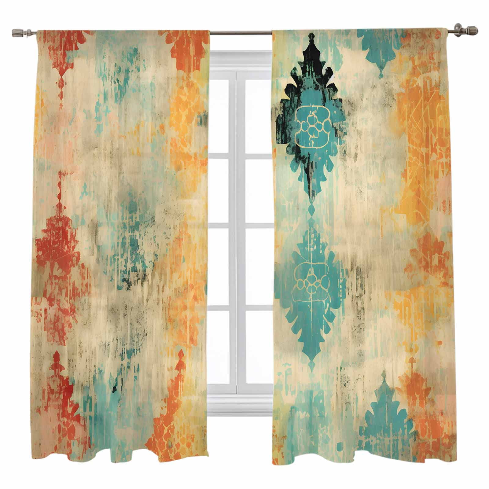 Abstract Red Sheer Curtains 63 inches Long 2 Panels Set Yellow Green ...