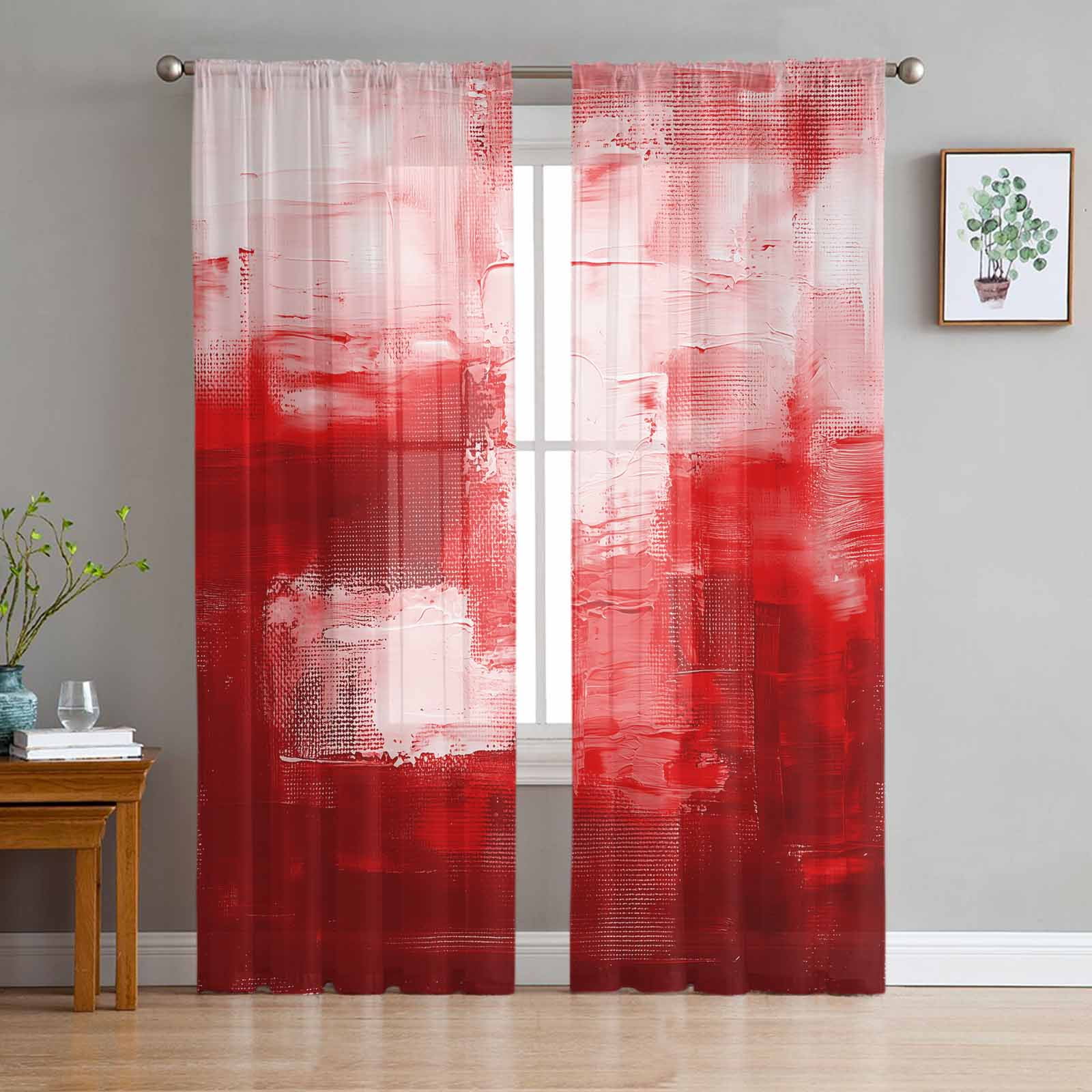 Abstract Red Sheer Curtains 84 Inches Long 2 Panels Set, Window Sheer ...