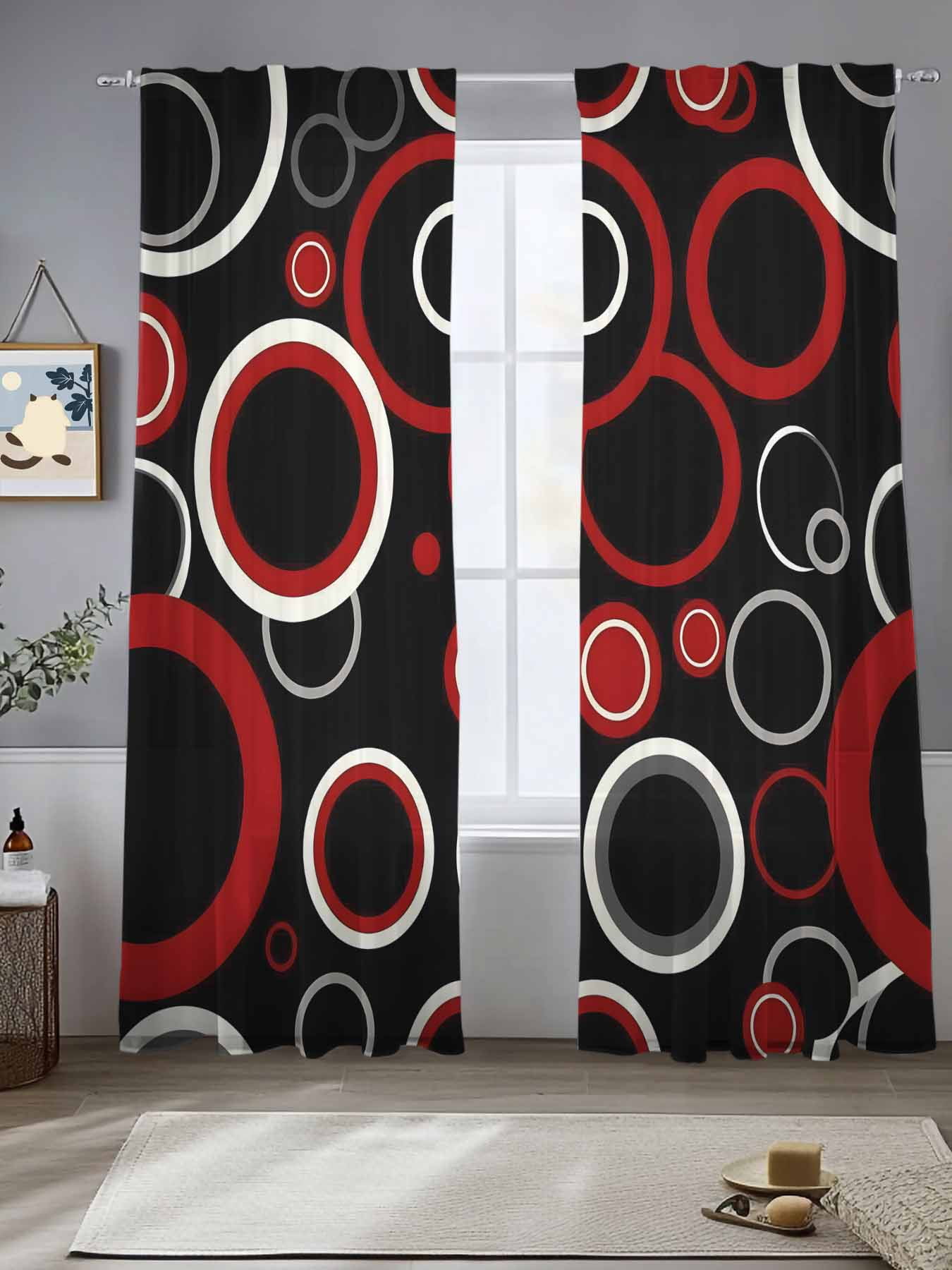 Abstract Red Sheer Curtains 96 Inches Long 2 Panels Black Circle Modern ...