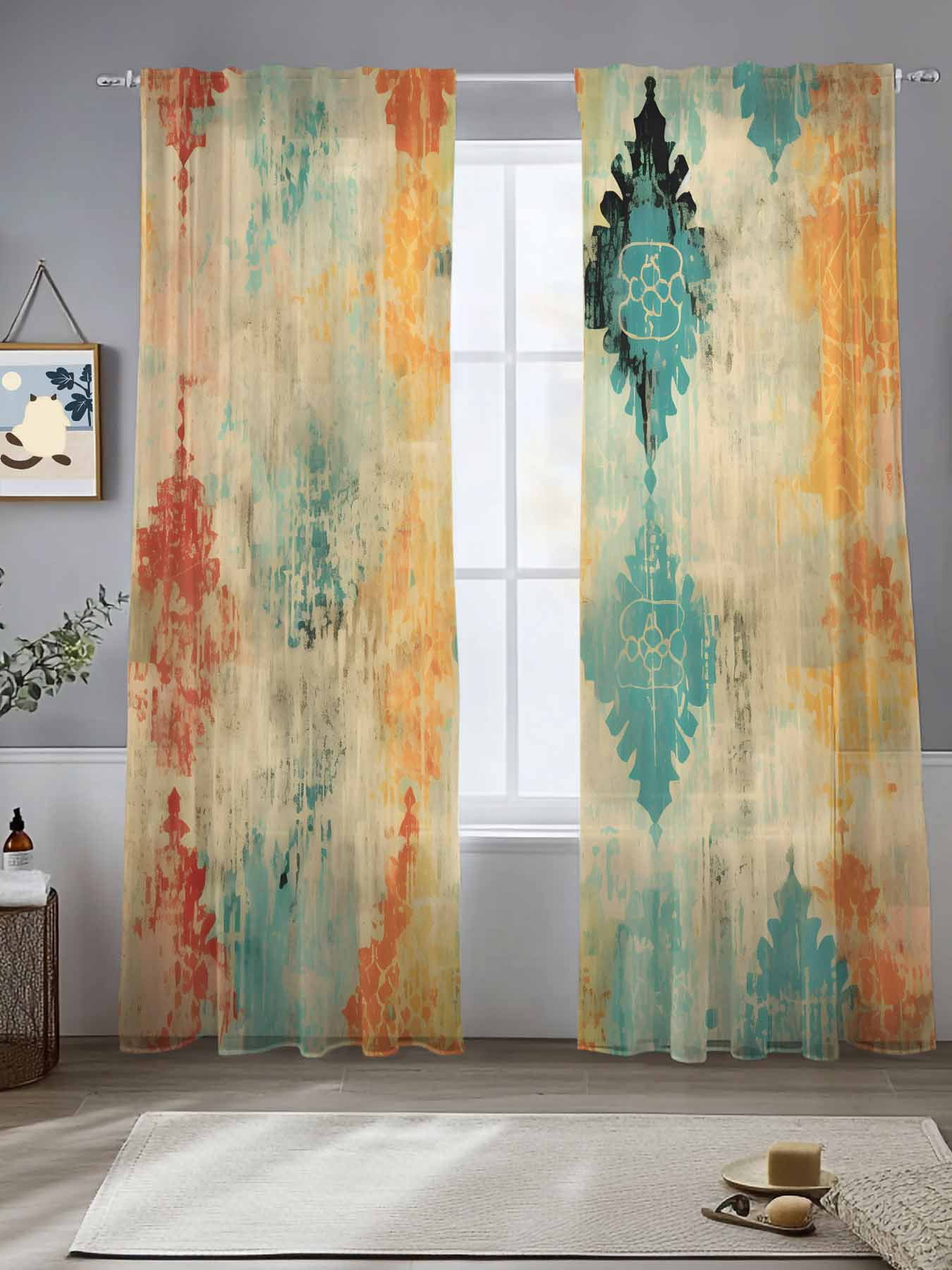 Abstract Red Sheer Curtains 96 Inches Long 2 Panels Yellow Green Argyle ...