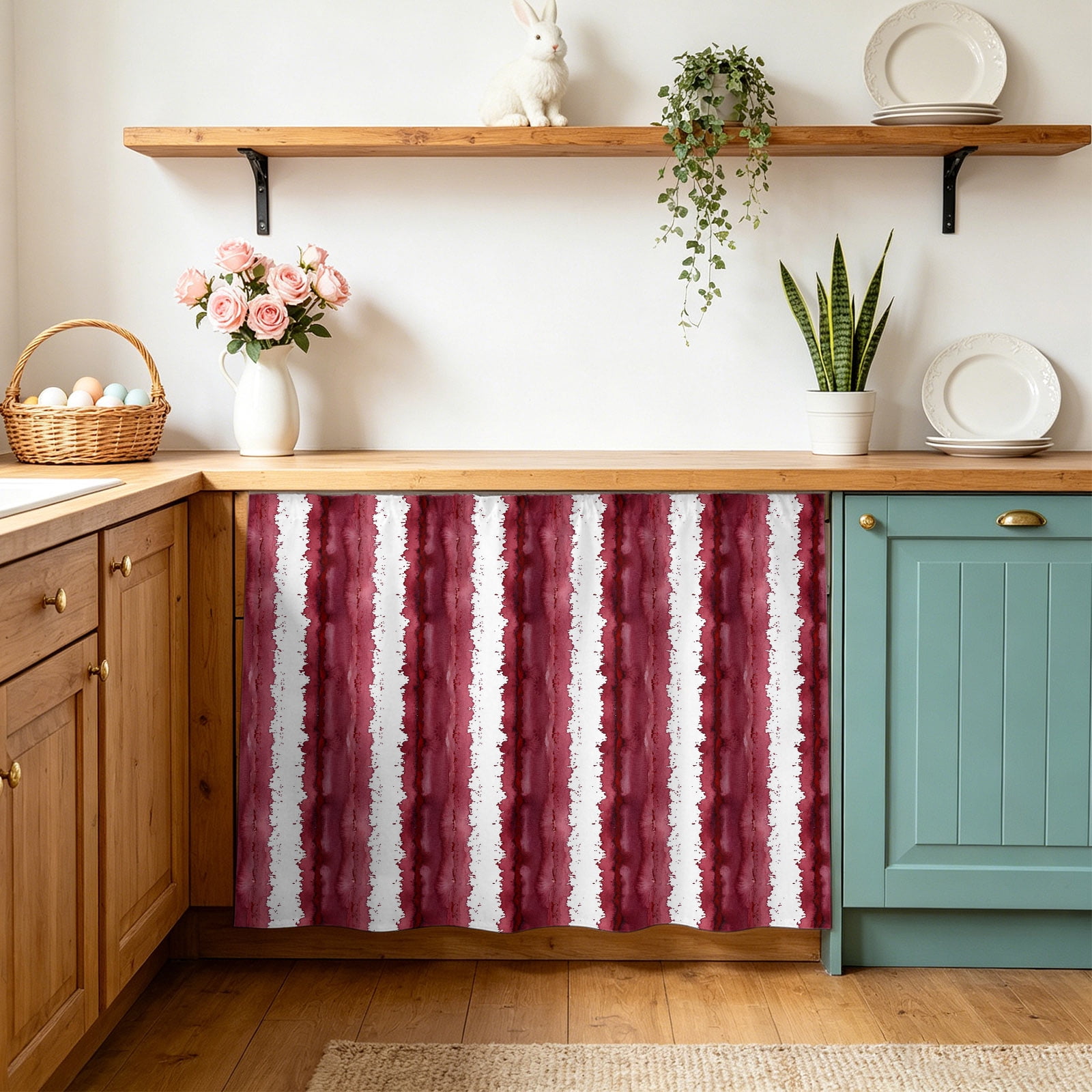 Abstract Red Stripes Cabinet Curtains 10" W x 11" L, Dreamy Red White ...