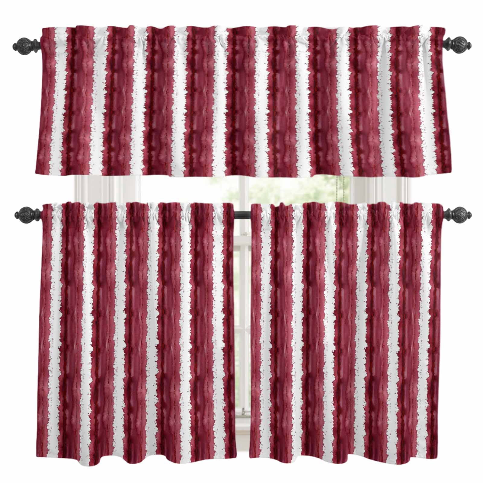 Abstract Red Stripes Kitchen Curtains Set for Windows, Dreamy Red White ...